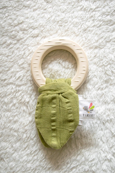Natural Rubber Teether with Organic Sage Green Muslin Tie – Dragonfly Toys